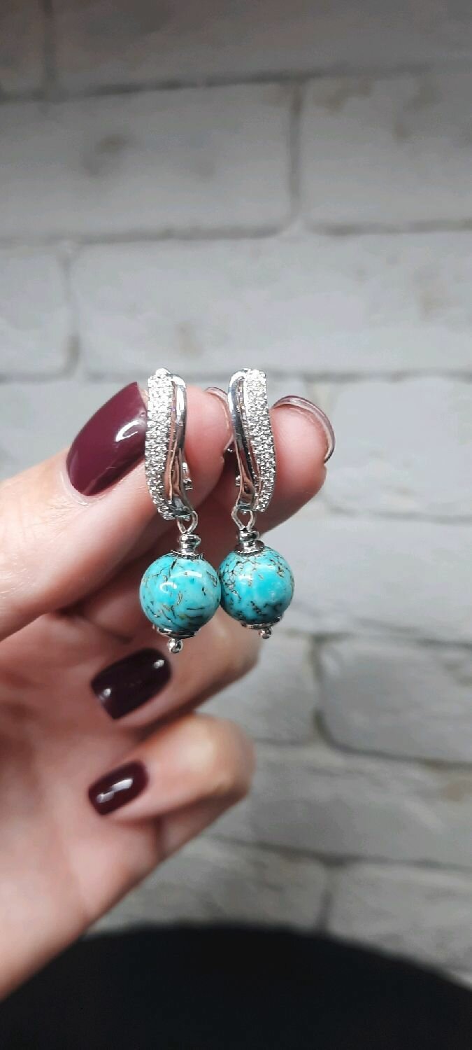 Серьги с подвесками, фианит, бирюза