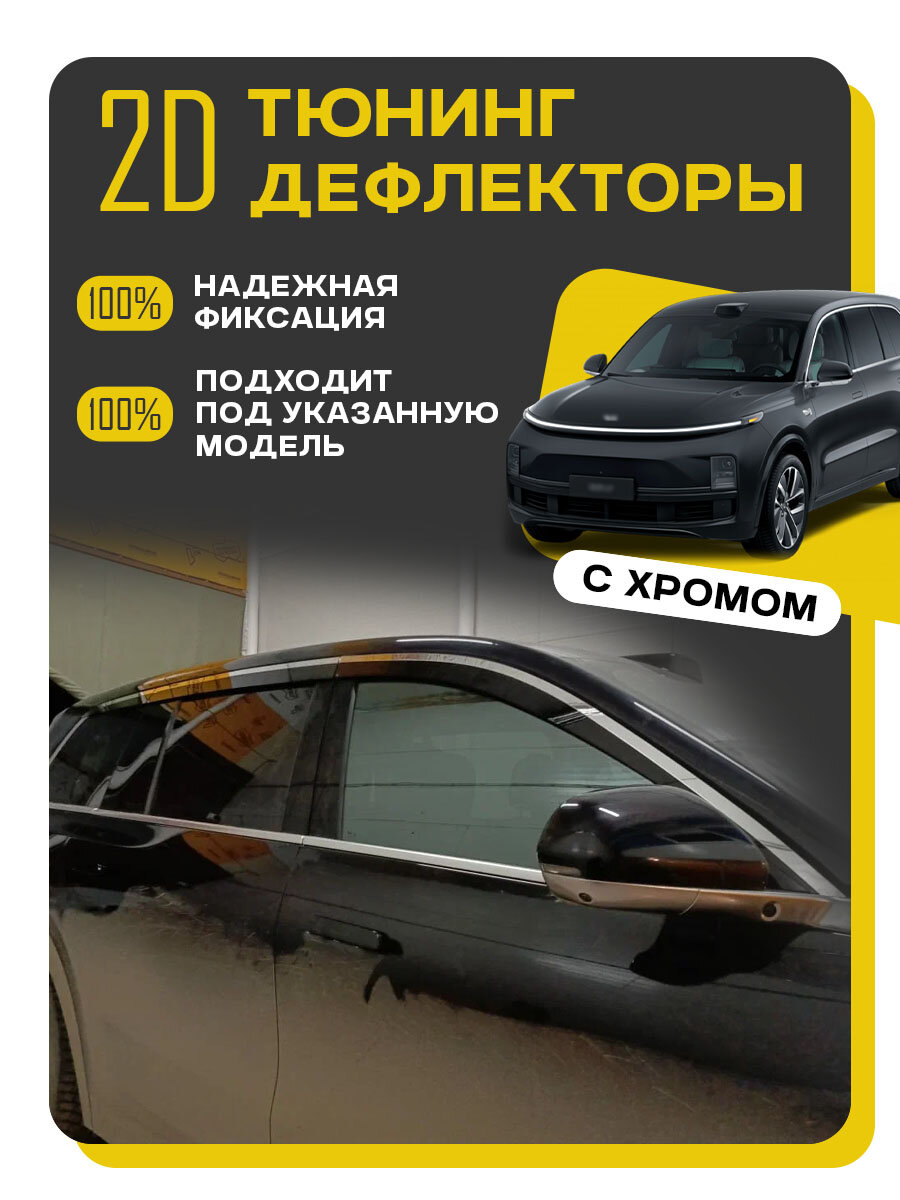 Плоские тюнинг дефлекторы для окон Lixiang L9 (2022-н. в.) Ветровики на Лисян Л9 / 2d дефлекторы. Комплект 6 шт + хром