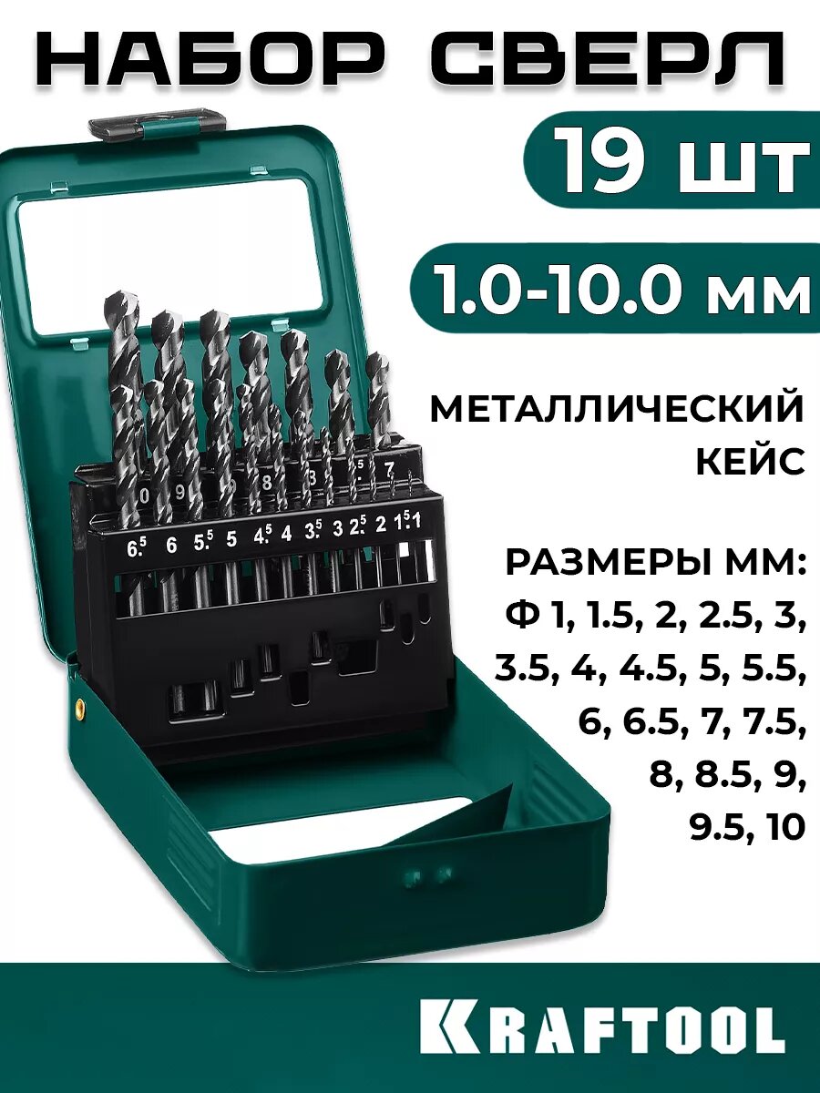 Сверла по металлу набор в металлическом кейсе 19шт, KRAFTOOL
