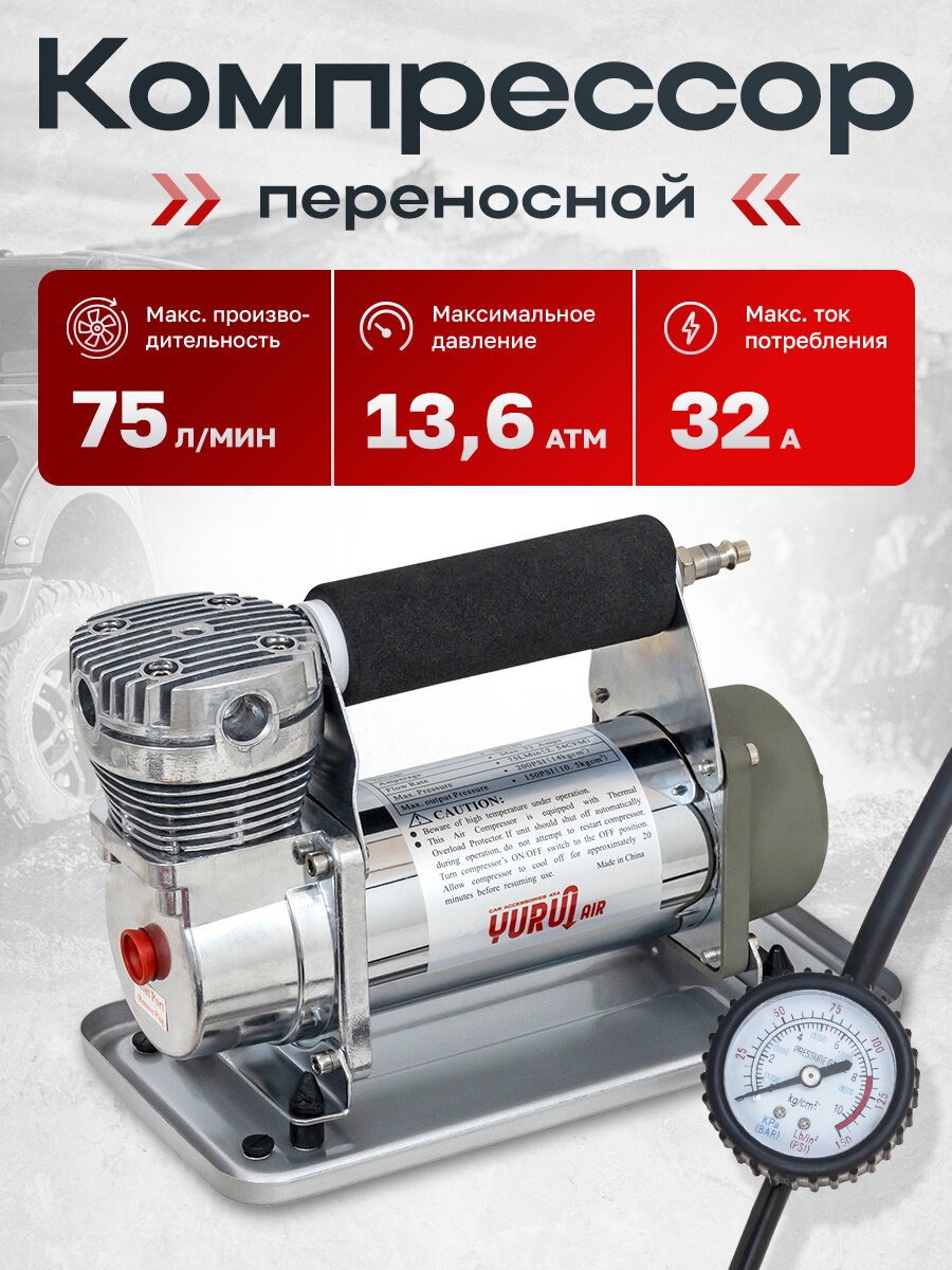 Компрессор автомобильный переносной YURUI 12В 75 л/мин 13,6 атм