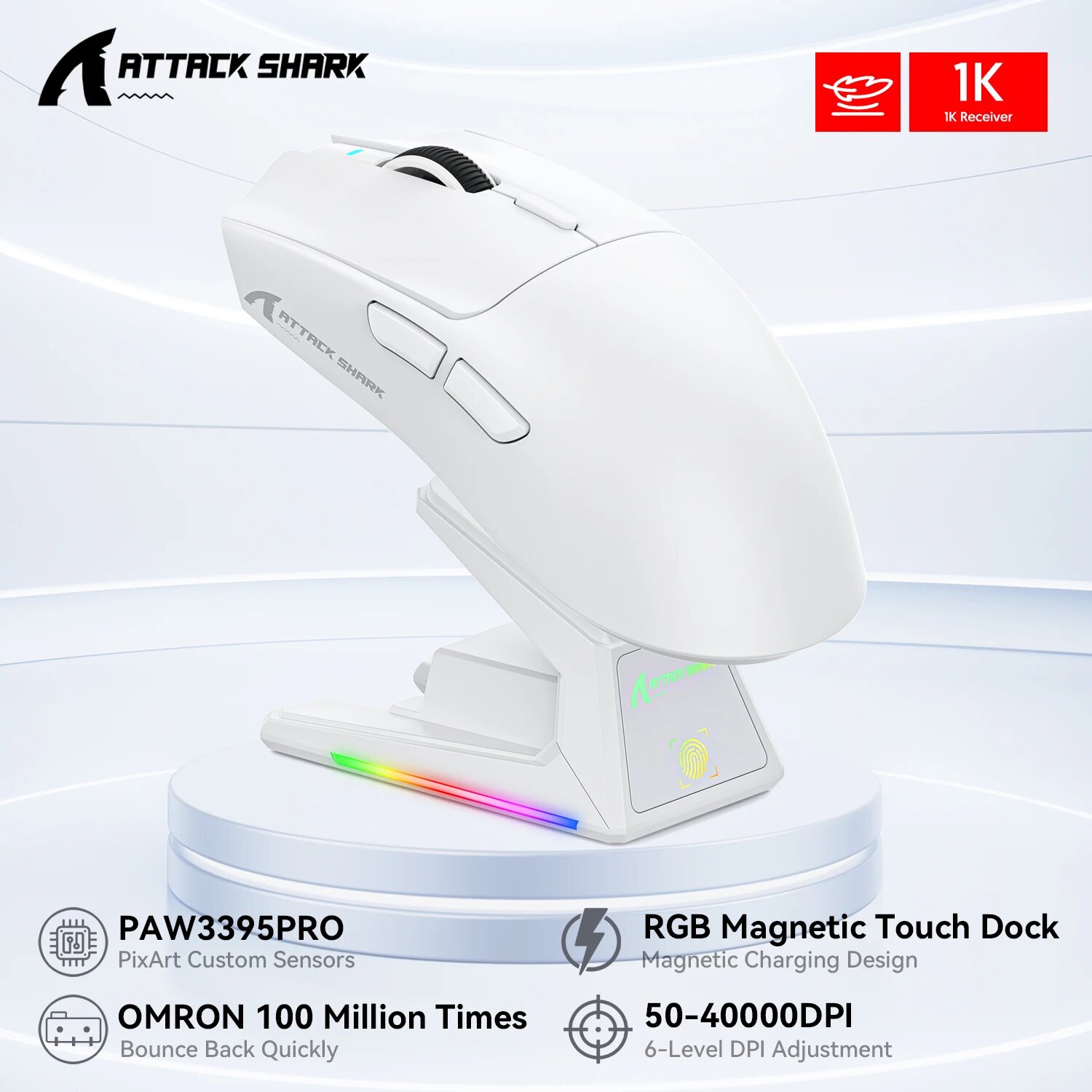 Беспроводная игровая мышь Attack Shark X1 PAW3395PRO 40000 DPI, White