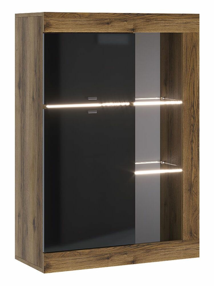 Шкаф-витрина Прага, с полками, с подсветкой, 66.6х37.6х103.4 см, Дуб Делано / Черный глянец