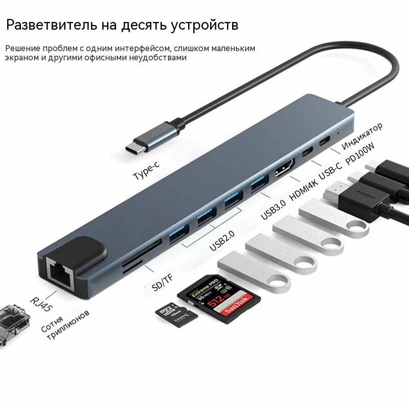 USB Концентратор на 10 портов: USB, PD100W, Type-C HDMI, microSD, SD, Ethernet100M. Разветвитель, хаб, картридер для ноутбука.