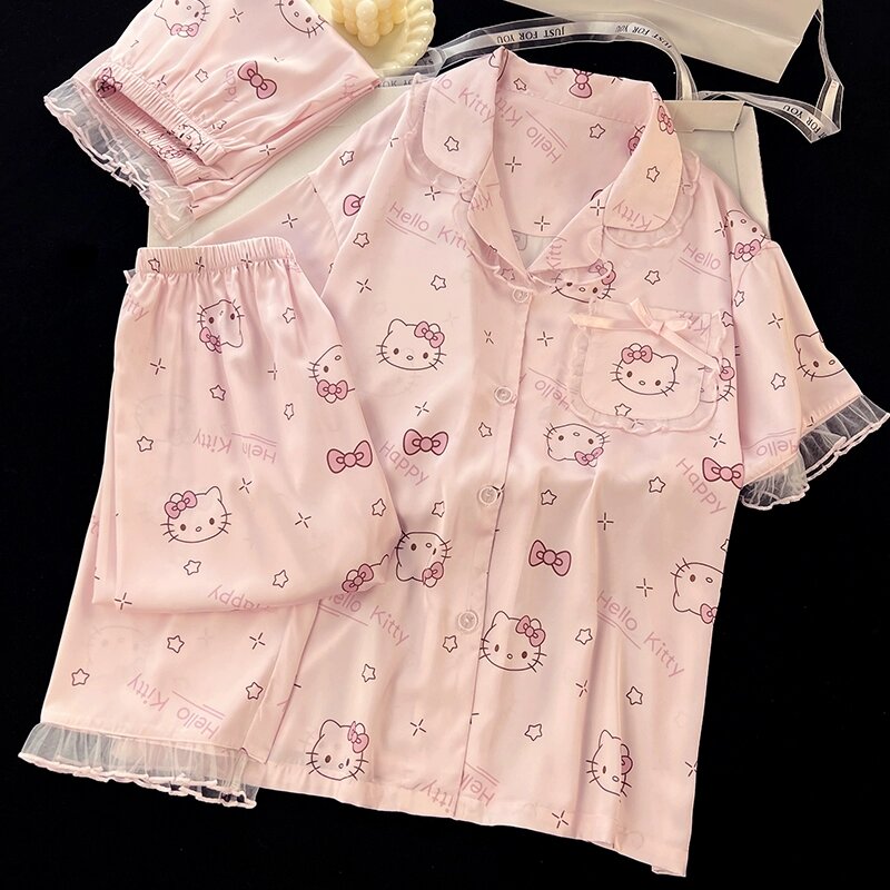 Пижама с короткими рукавами из розового шелка Hello Kitty Runaway Princess, женские летние шорты, домашняя одежда, летний костюм