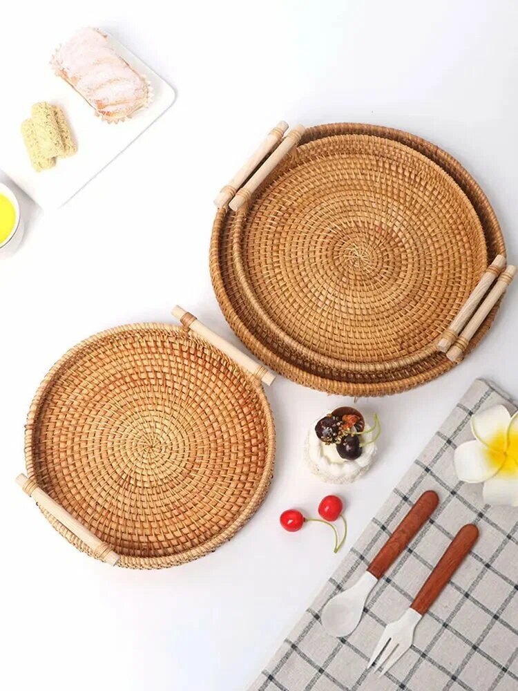 Круглый плетеный поднос, деревянный поднос, плетеная корзина для хранения, используется для хлеба, конфет, фруктов, набор из 3 предметов