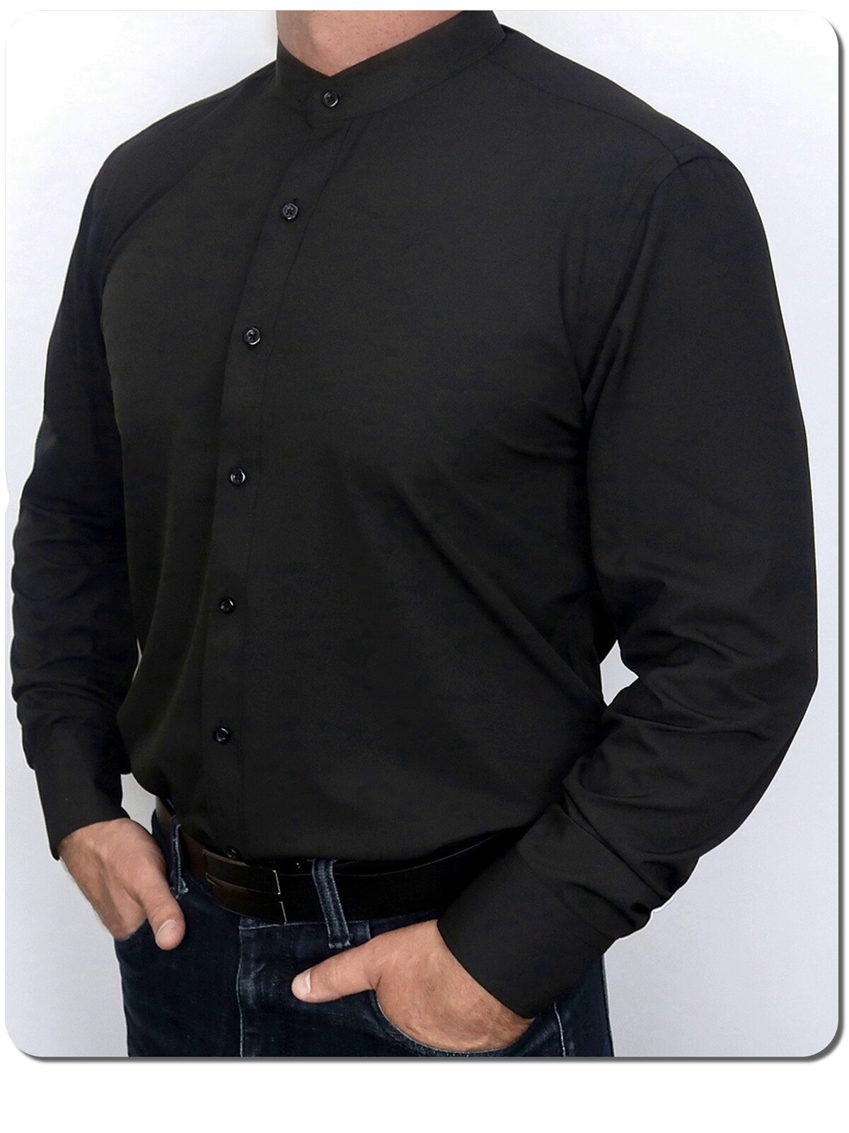 Рубашка Мужская рубашка с длинным рукавом приталенная стойка, темная сорочка на пуговицах, рубаха на любой сезон, черная однотонная, без карманов, на любой сезон и на лето рубашка