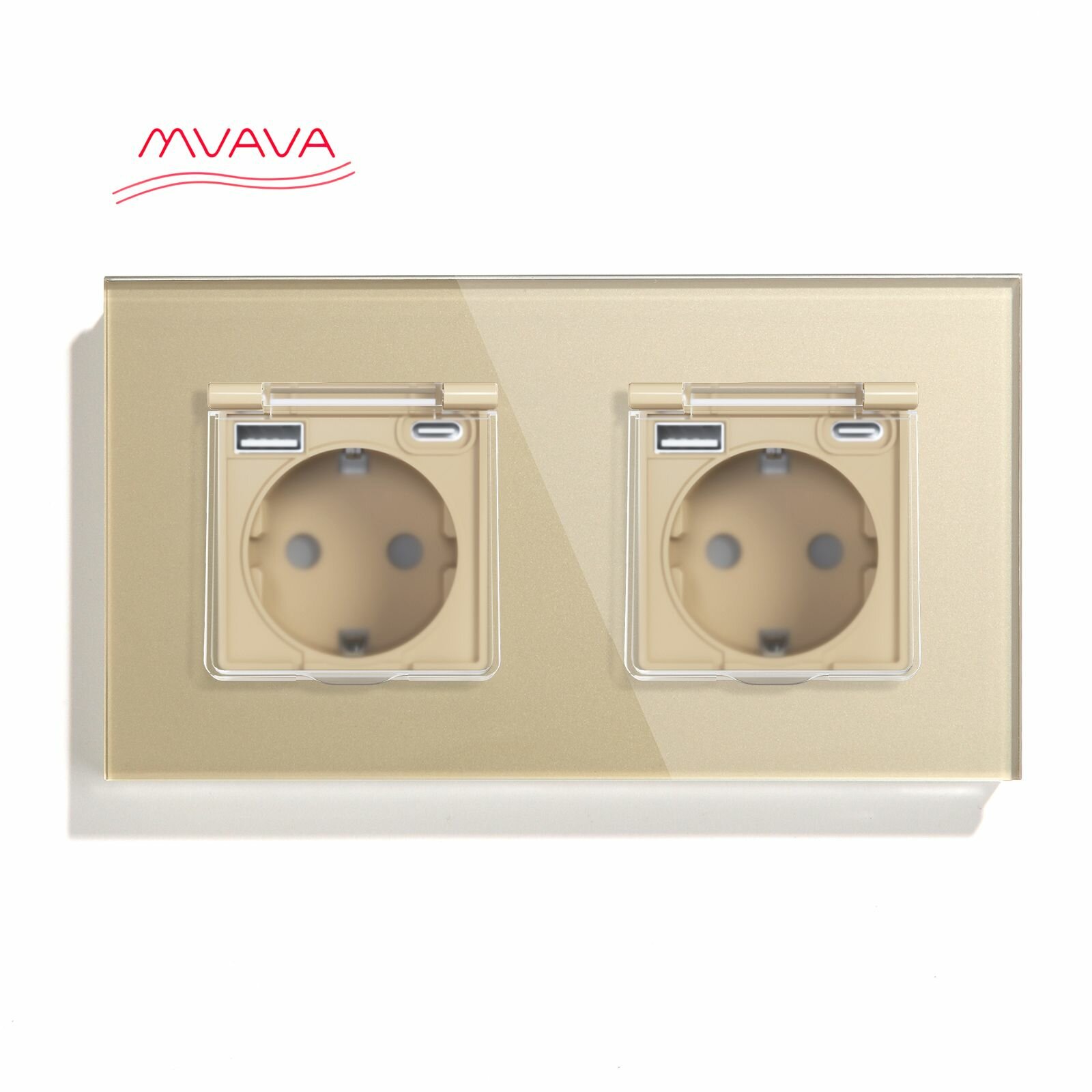 Розетка c крышкой, Usb/Type-C 2 пост 16А рамка 157х86мм стекло, цвет золотой