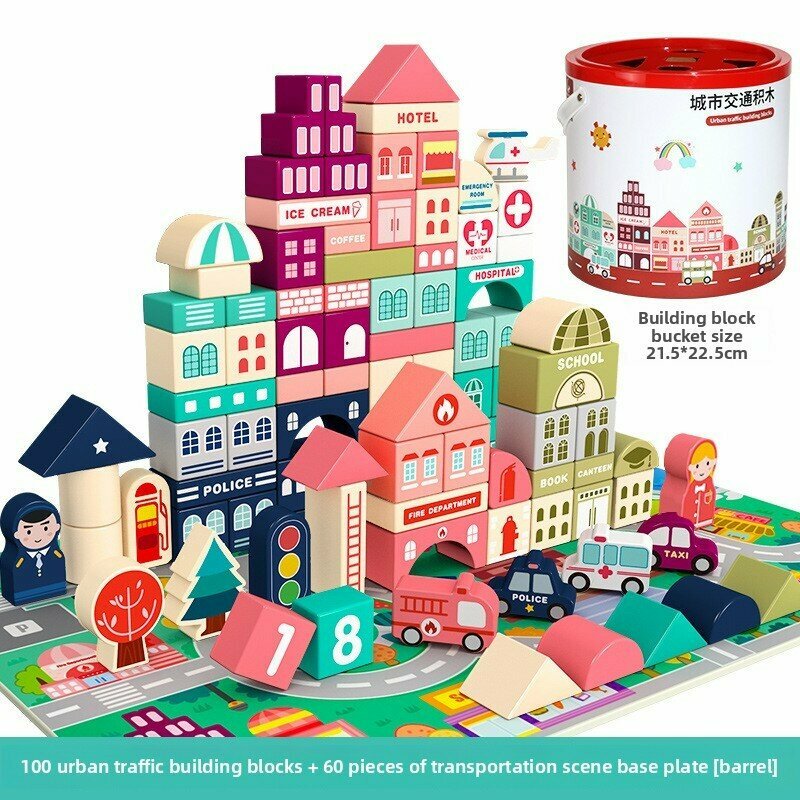 Деревянный конструктор traffic city building blocks 100 деталей, развивающая игрушка для детей, раннее развитие