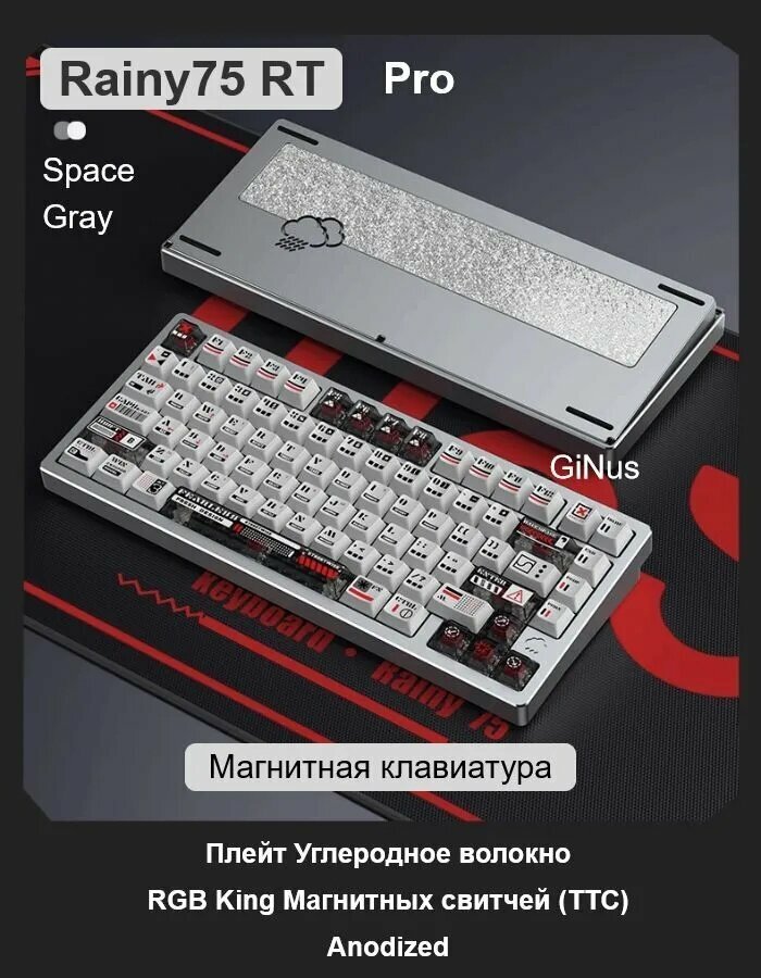 WOB Игровая клавиатура проводная Rainy75 RT Pro, Space Gray, RGB King Магнитных свитчей ось, магнитная клавиатура, Английская раскладка, темно-серый