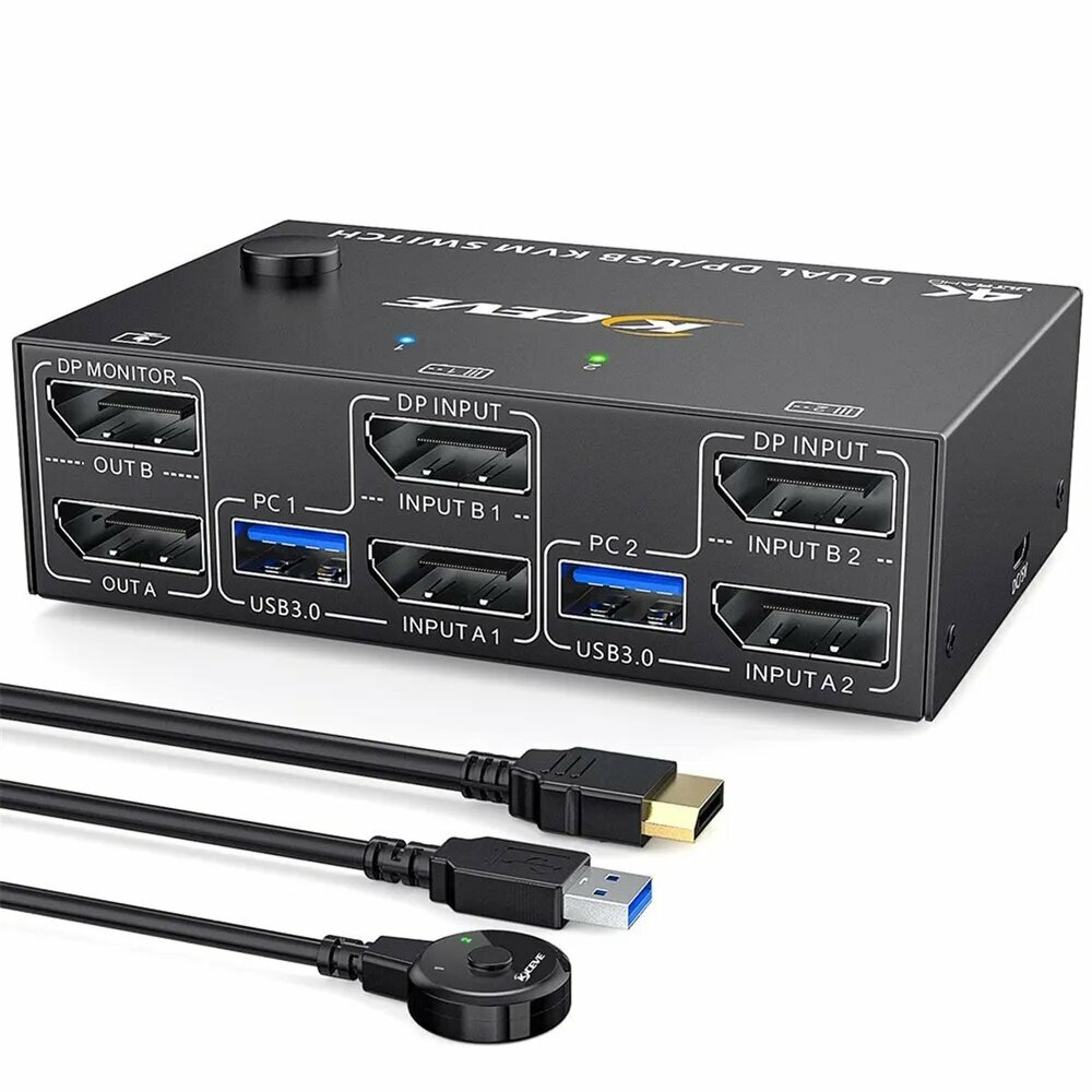 KVM-переключатель с двумя мониторами, 4 порта USB3.0 для 2 компьютеров, 2 входа 2 выхода DP 1.4 KVM-переключатель