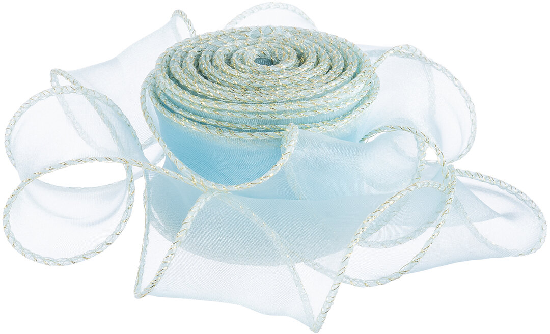 Декоративная лента Дон Баллон органза с леской, Золотая кайма, голубая, 4 см, 9,14 м