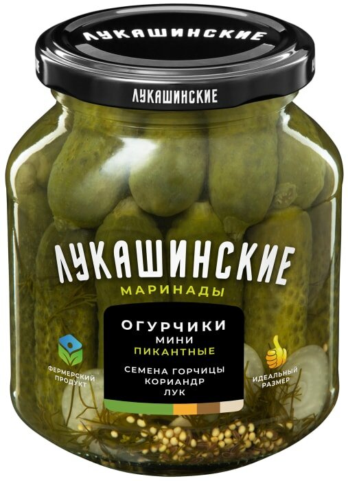 Огурцы маринованные Лукашинские "Пикантные", в маринаде, стеклянная банка, 340г