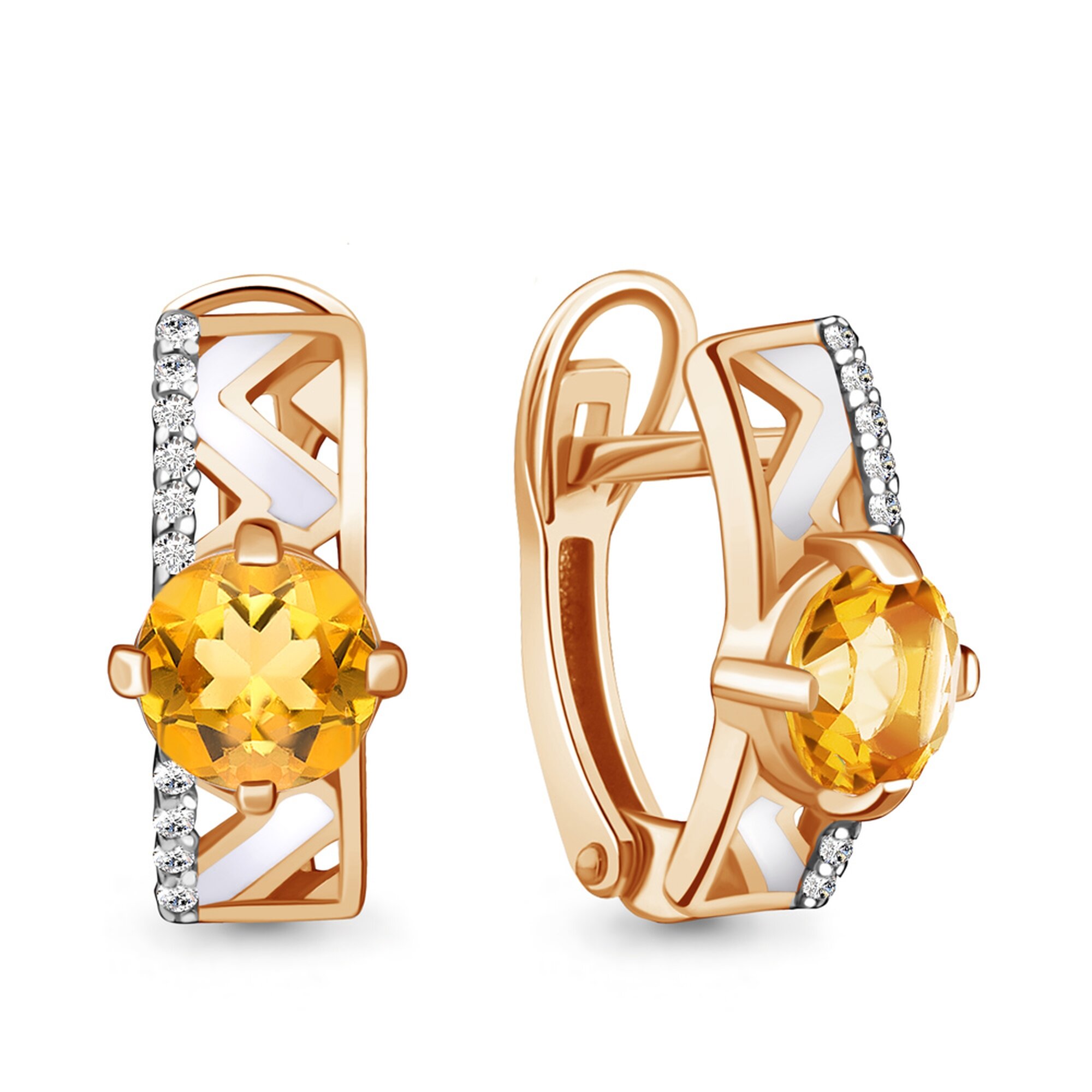 Серьги, серебро, 925 проба, золочение, фианит, эмаль, цитрин