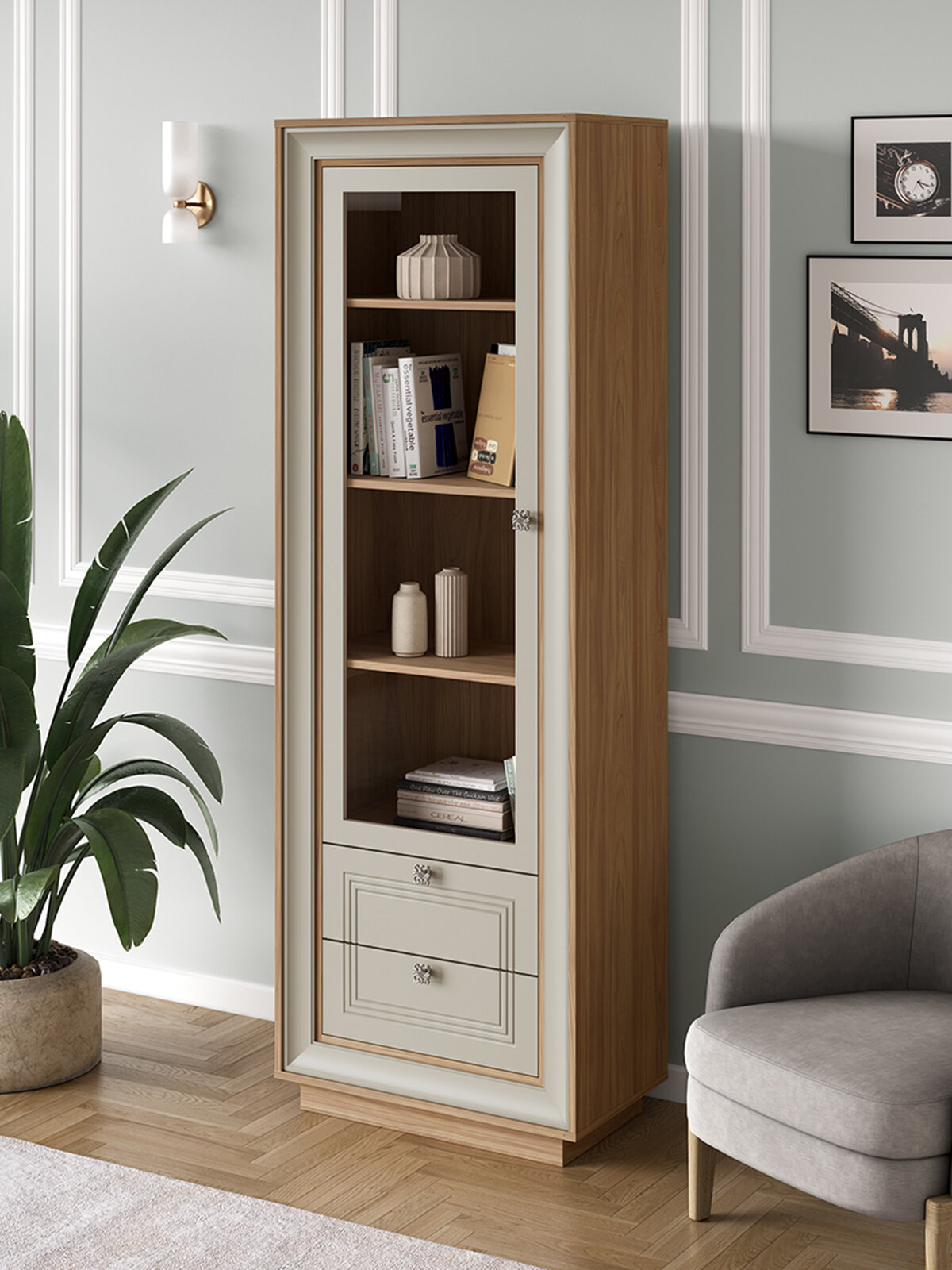 Шкаф-витрина "Прато Кураж", бежевая, вяз, с ящиками, со стеклом, 70.2x42.4x202 см