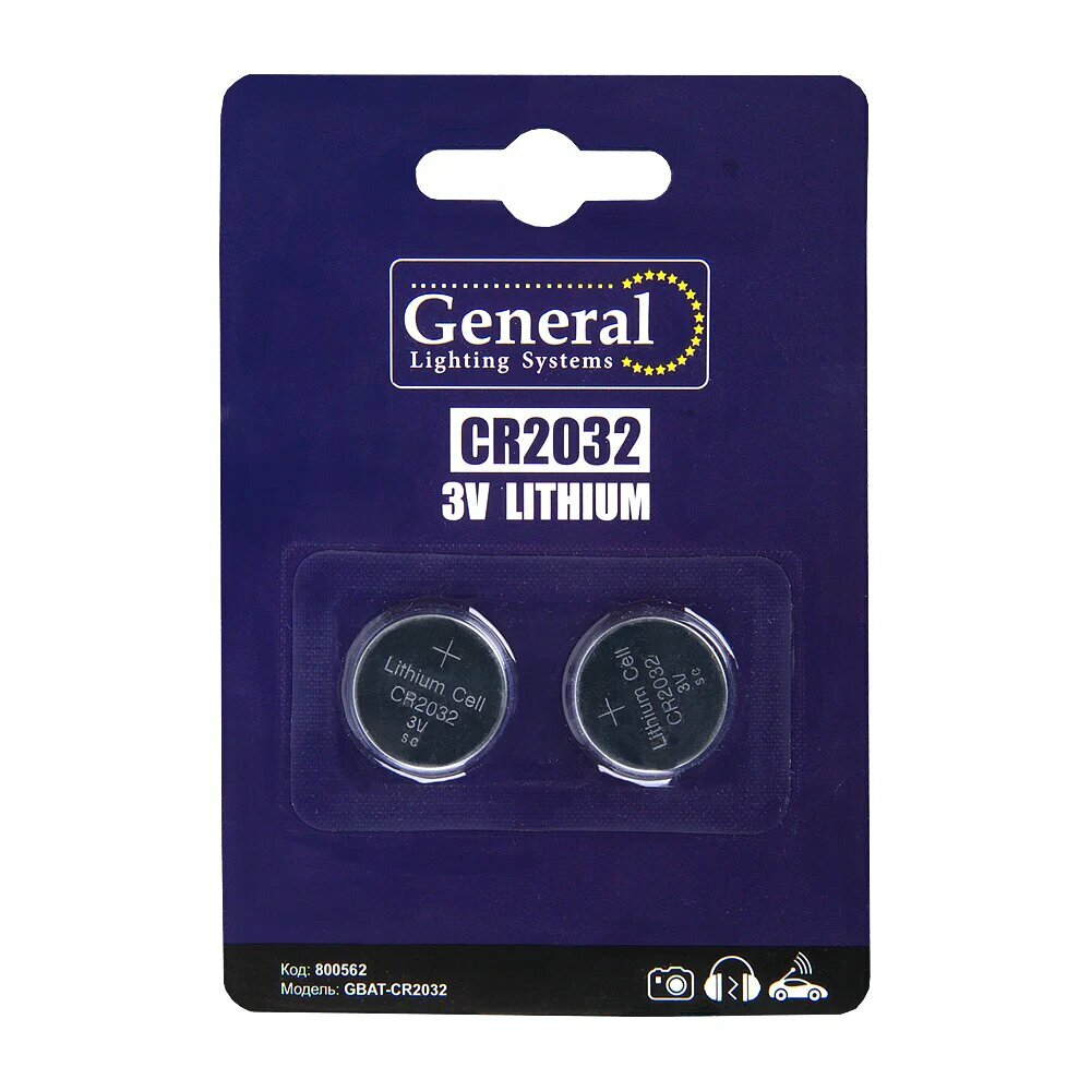 General Lighting Systems Батарейка круглая литиевая кнопочная, таблетка, дисковые General GBAT-CR2032, напряжение 3В, 2 штуки 800562