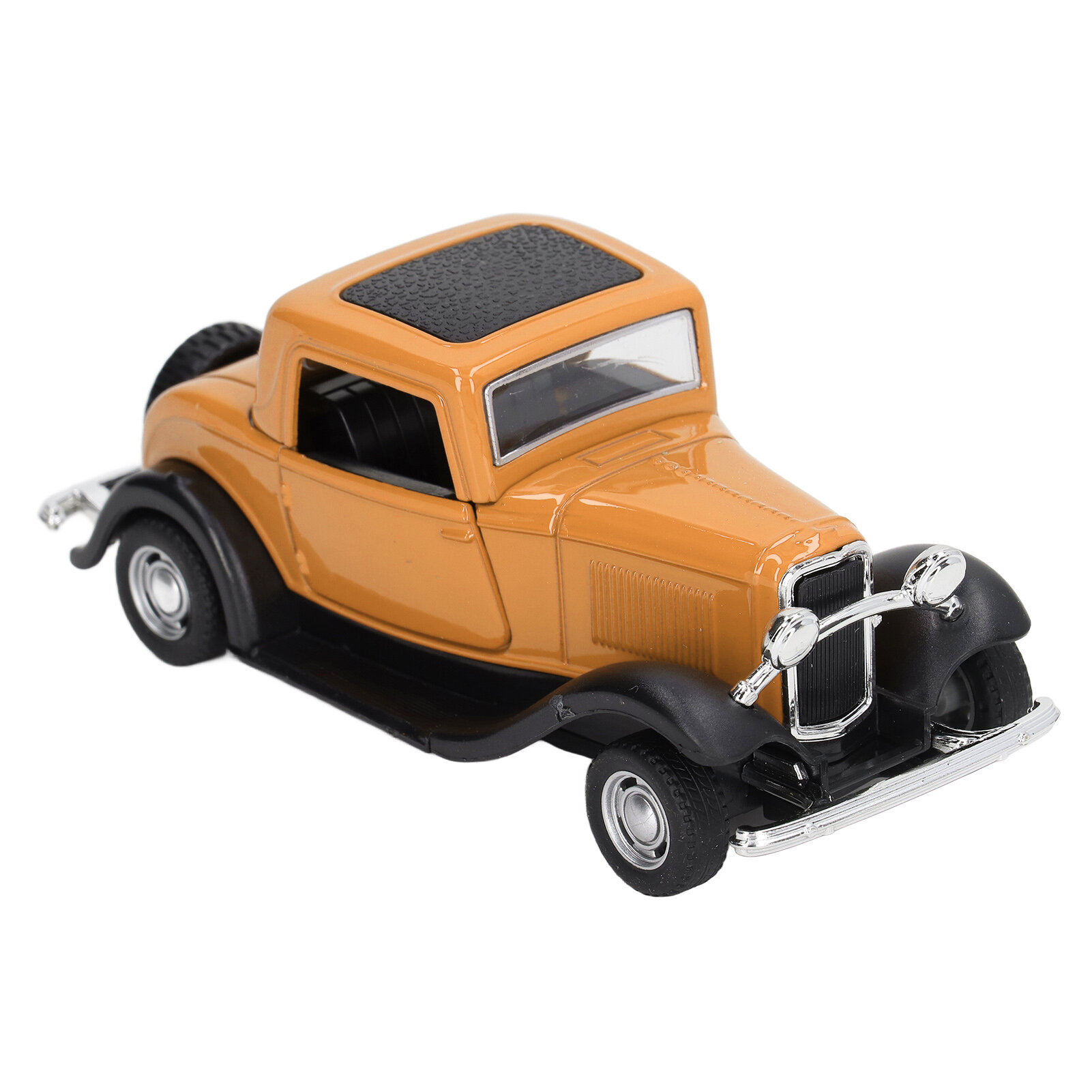 1:32 Моделируемая классическая машина из металла, ретро-игрушка с откидывающимися дверями, жёлтая, на обратный ход