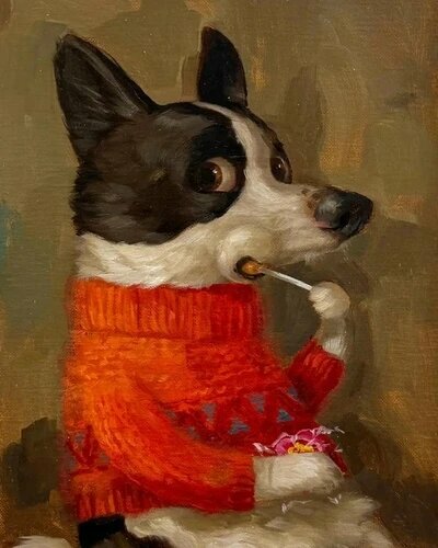 Холст "Щенок в свитере с пиццей", 20x30см, цвет 11, без рамы
