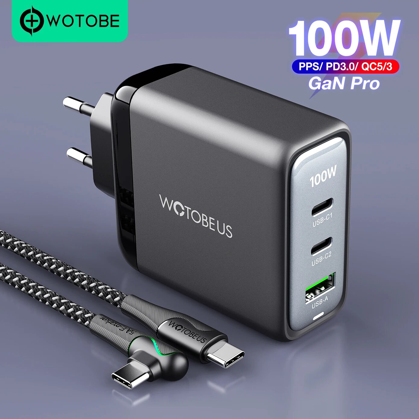 Сетевое зарядное устройство WOTOBEUS 100W EU, 3 порта (2C+1A)