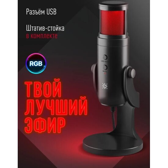 Микрофон Defender Galactar GMC 250 USB, LED, провод 1.5 м (64625)