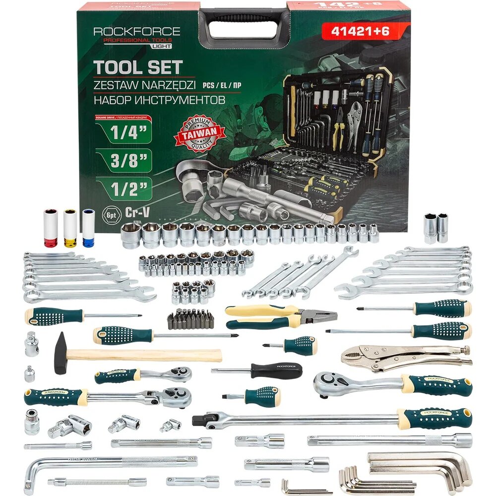 Rockforce Набор инструментов 142+6 предметов 1/4, 3/8, 1/2 (6гр.) RF LIGHT-41421+6(65586)
