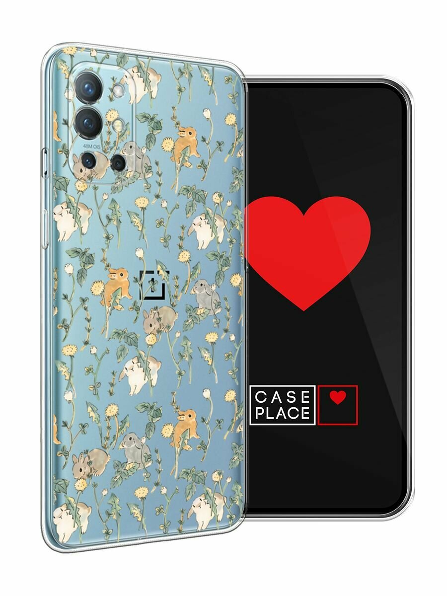 Чехол на OnePlus 9R / ВанПлас 9R с принтом "Кролики в одуванчиках", прозрачный — фото 1