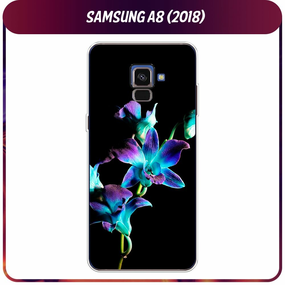 Чехол на Samsung Galaxy A8 2018 / Самсунг Галакси А8 2018 с принтом "Синий цветок на черном"