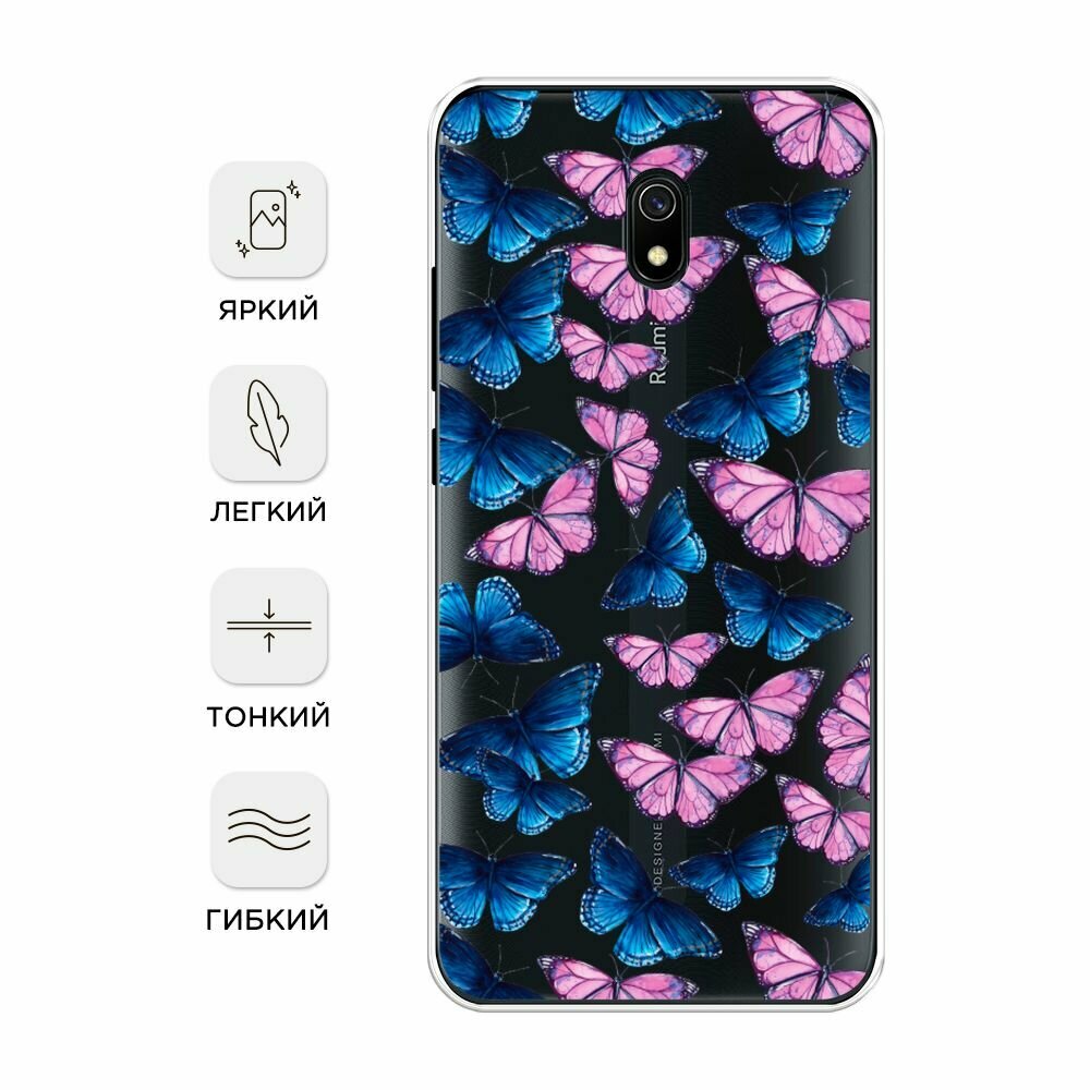Чехол на Xiaomi Redmi 8A / Сяоми Редми 8А с принтом Розовые и голубые бабочки, прозрачный — фото 1