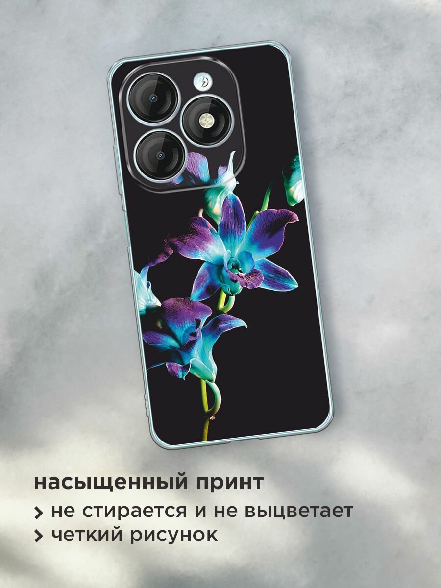 Чехол на Itel P55 / Ител Р55 с принтом "Синий цветок на черном" — фото 1
