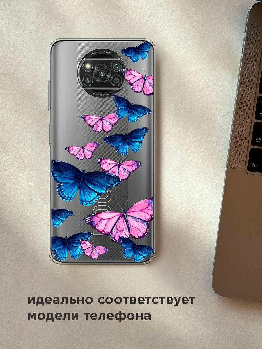 Чехол на Xiaomi Poco X3/X3 Pro / Поко X3/X3 Pro с принтом "Взлетающие бабочки", прозрачный — фото 1