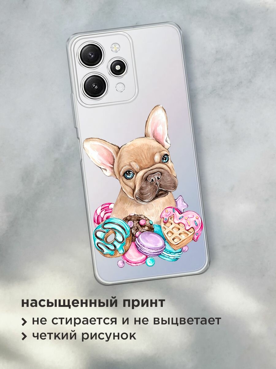 Чехол на Xiaomi Redmi 12 / Сяоми Редми 12 с принтом "Бульдог и сладости", прозрачный — фото 1
