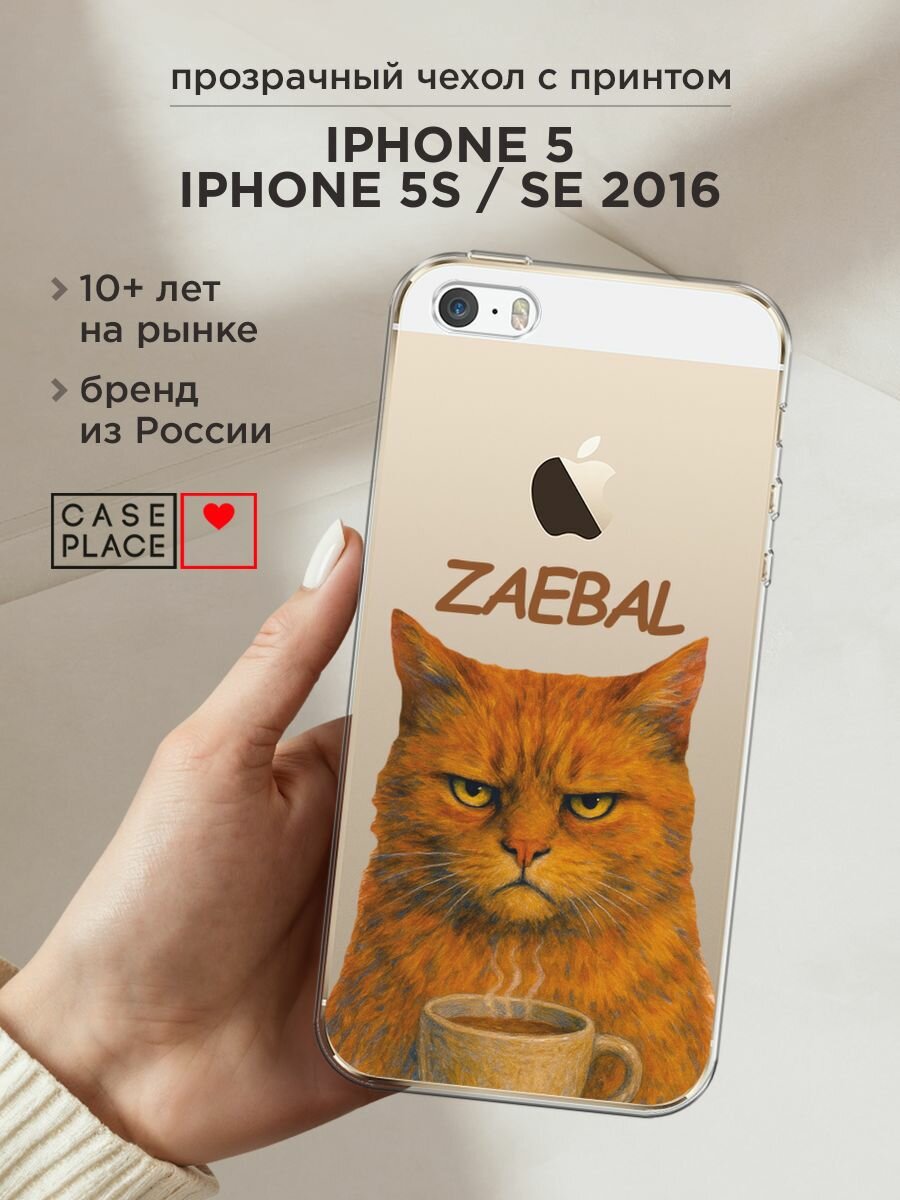 Чехол на Apple iPhone 5/5S/SE / Айфон 5/5S/SE с принтом "Рыжий кот с надписью", прозрачный