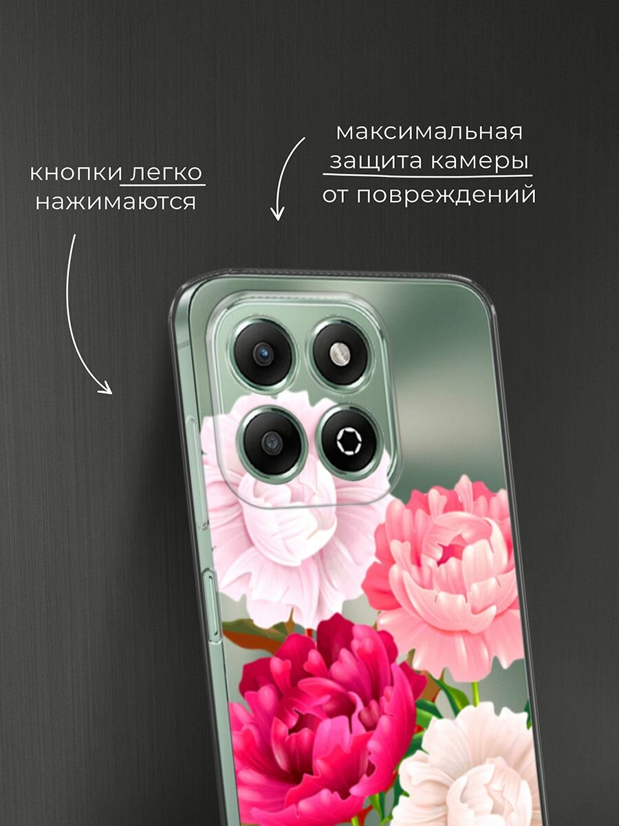 Чехол на Honor X6b / Хонор X6b с принтом "Большие пионы", прозрачный — фото 1