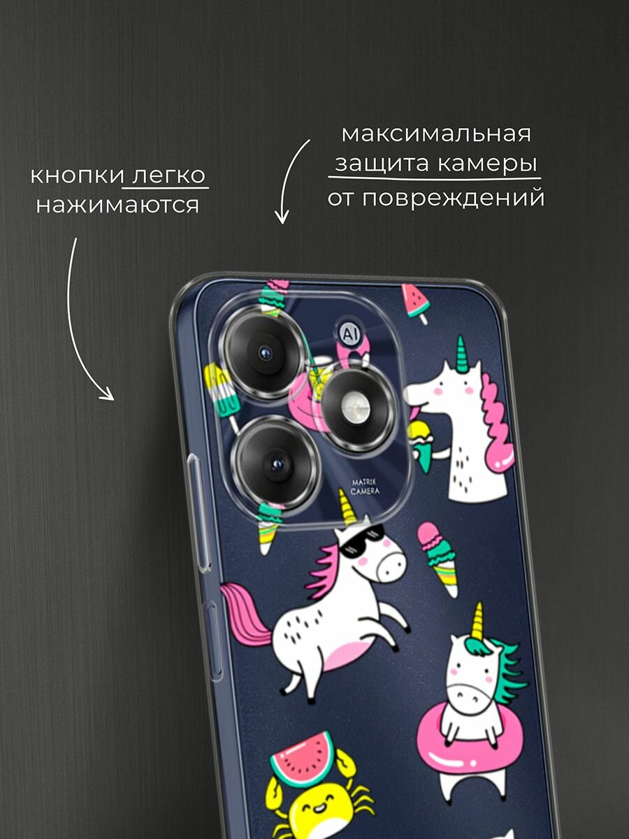 Чехол на Itel A70 / Ител А70 с принтом "Единороги в отпуске", прозрачный — фото 1