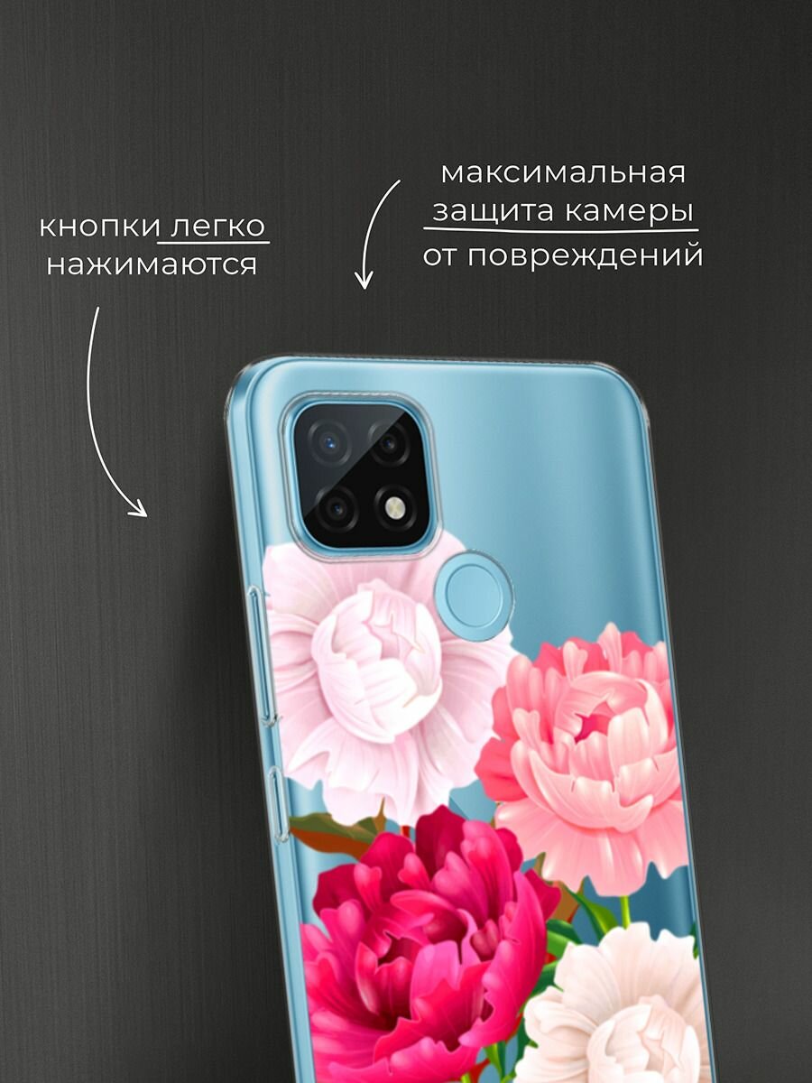 Чехол на Realme C21 / Реалми С21 с принтом "Большие пионы", прозрачный — фото 1