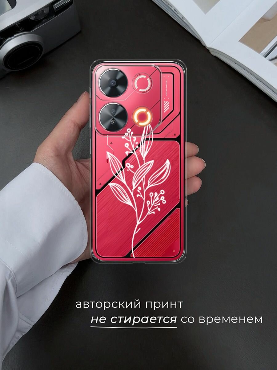 Чехол на Itel P65 / Ител P65 с принтом "Ветка с листочками и цветами", прозрачный — фото 1