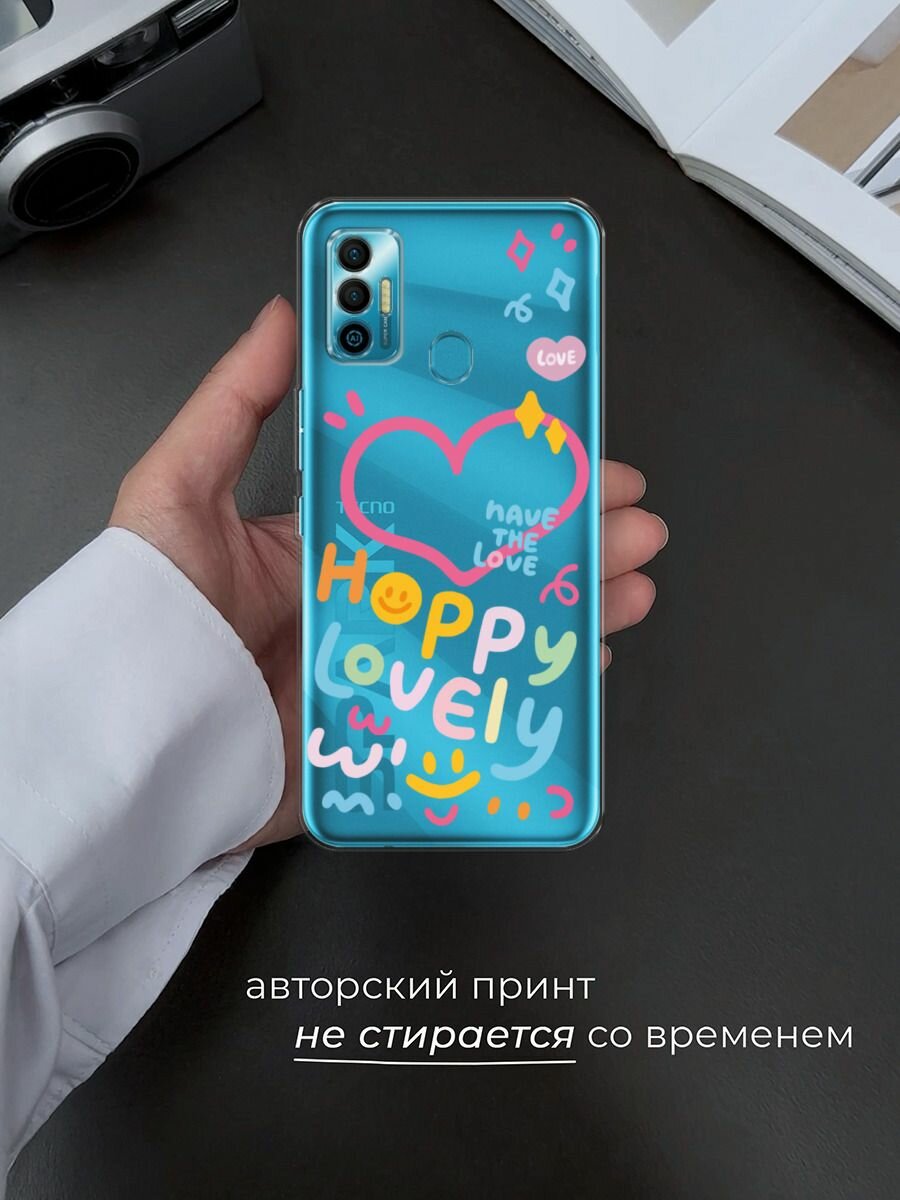 Чехол на Tecno Spark 7 / Техно Спарк 7 с принтом "Happy lovely", прозрачный — фото 1