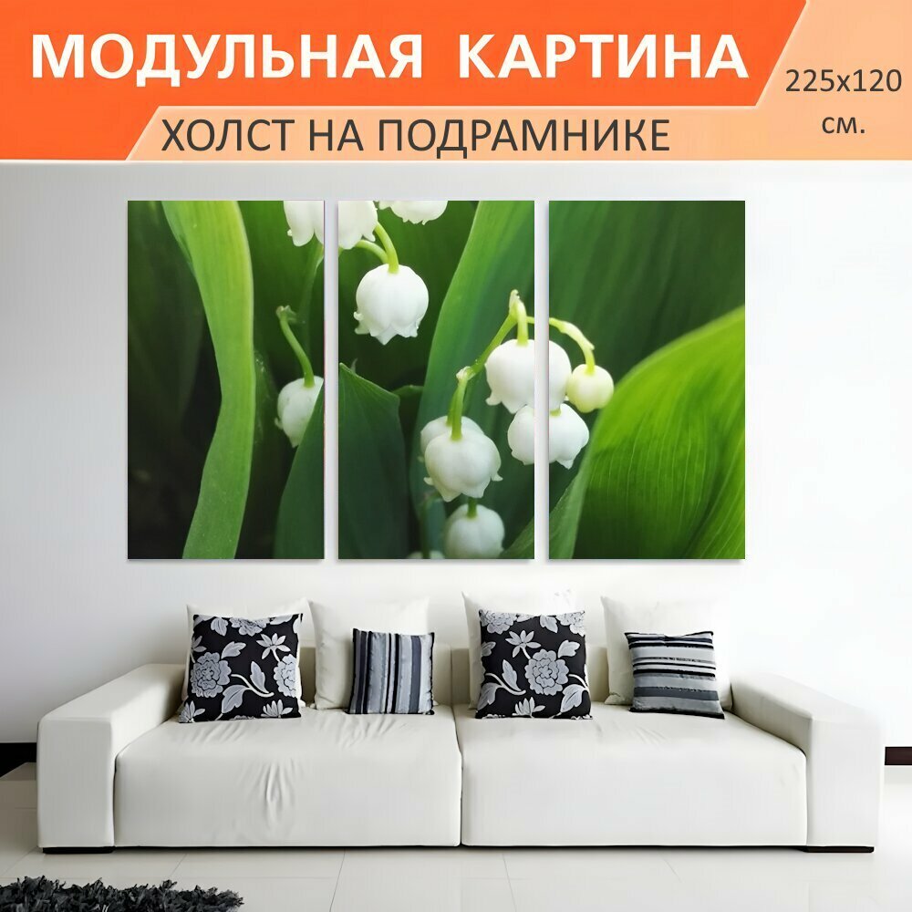 Модульная картина на холсте "Ландыши, цветы, белый" триптих на подрамнике 225х120 см. для интерьера