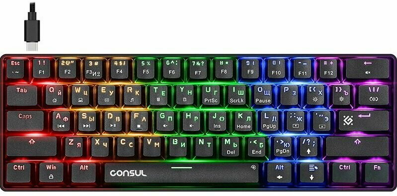 Игровая клавиатура DEFENDER CONSUL чёрная (OUTEMU+RED, USB Type-C, RGB подсветка, 61 кл, GK-220)