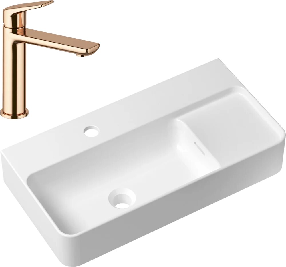 Комплект 2 в 1 Накладная раковина Lavinia Boho Bathroom Sink Slim 33311011 60 глянцевая белая, со столешницей / Смеситель Wellsee ICON! for life 182304000, розовое золото