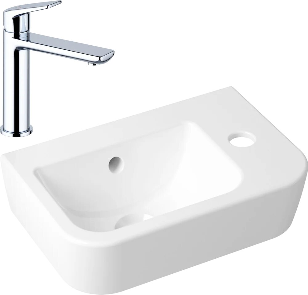 Комплект 2 в 1 Раковина маленькая Lavinia Boho One 33310001R 37 глянцевая белая / Смеситель Wellsee ONCE! and forever 182401000, хром