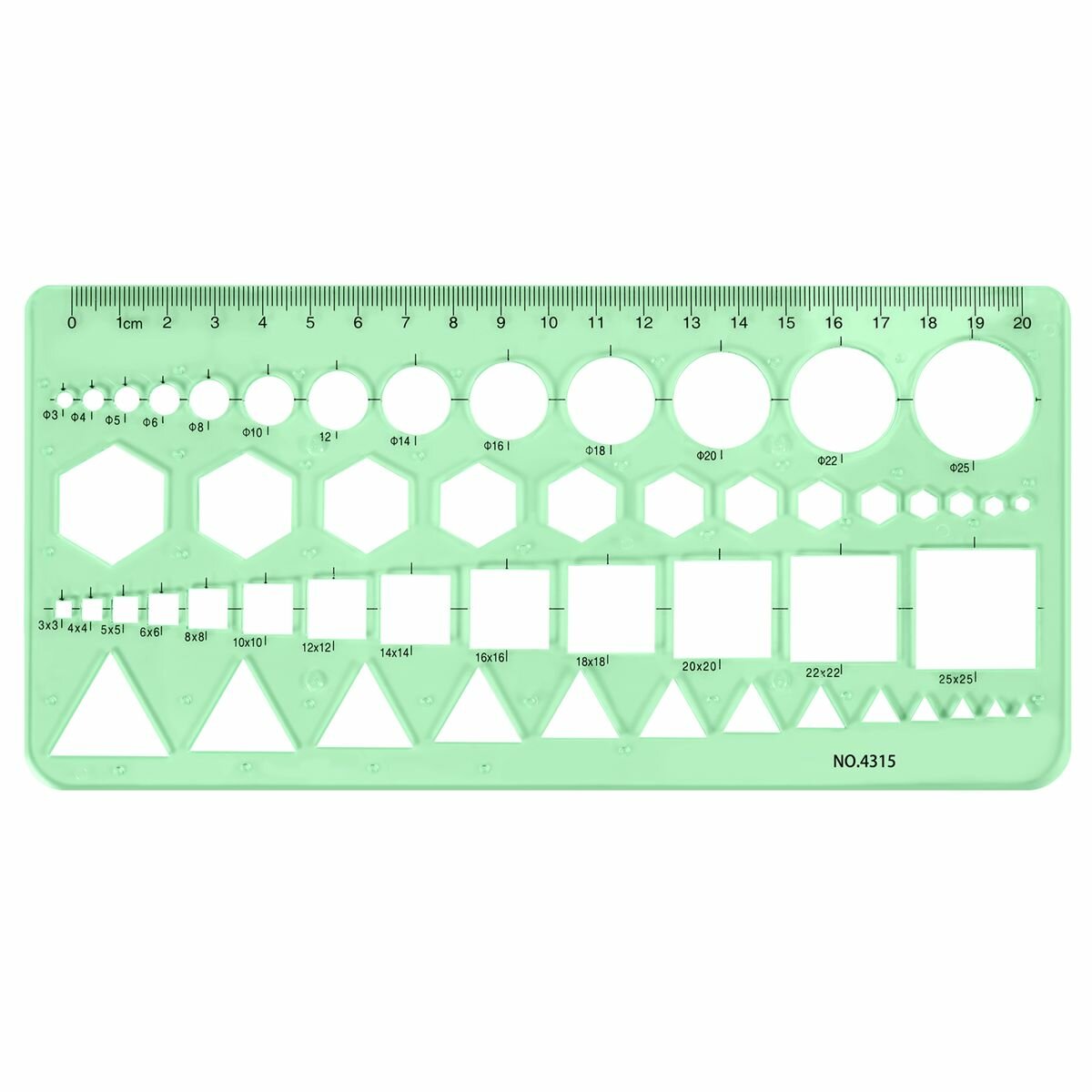 Зеленые пластиковые круги квадраты шестиугольники геометрический шаблон линейка 0-20 см