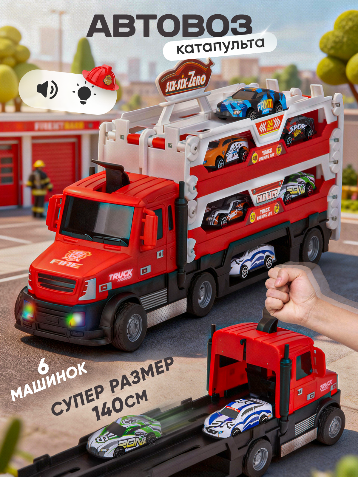 Пожарная машина со светом и звуком, в коробке