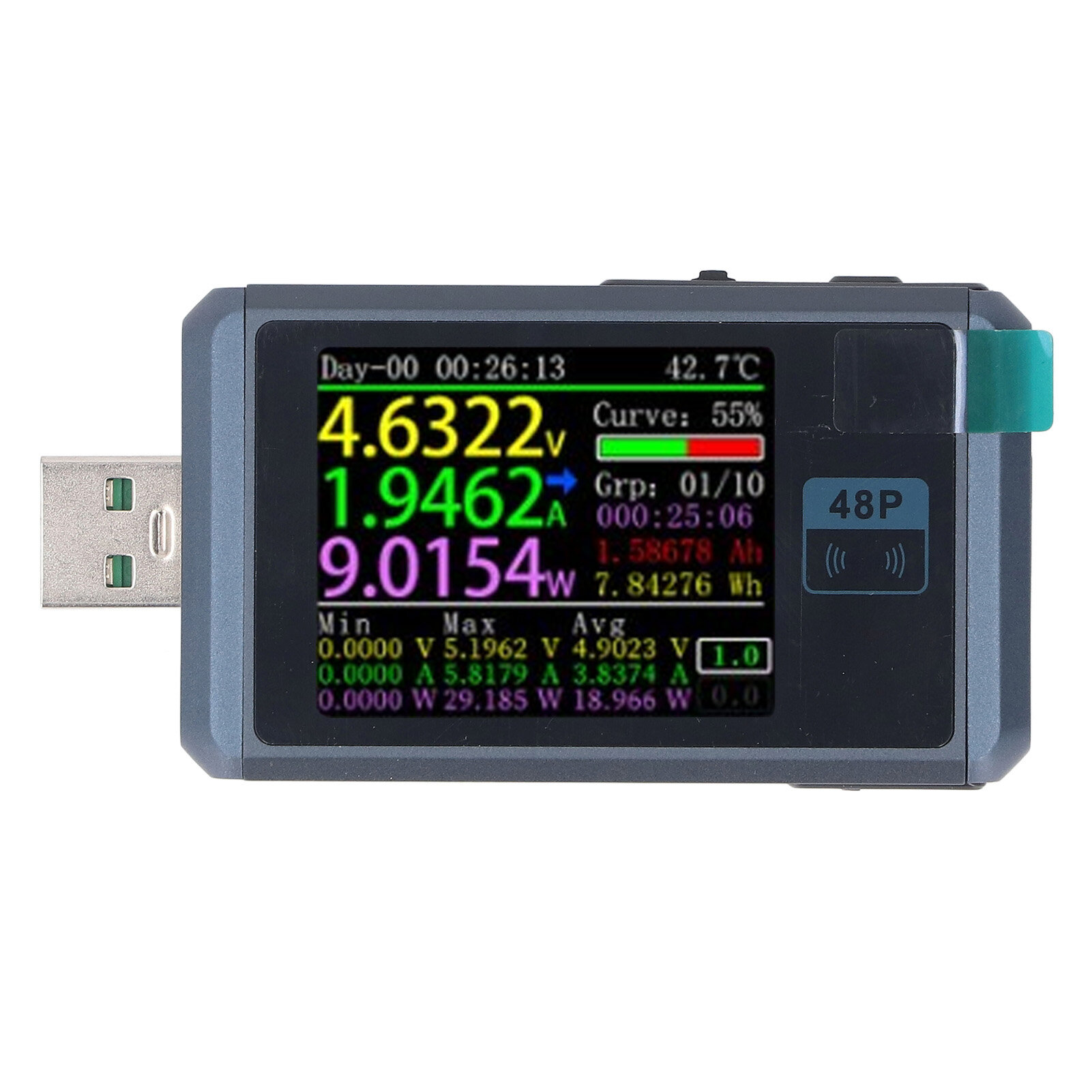 6-значный USB-тестер с определением кабеля BT, расчетом емкости аккумулятора, записью данных, отображением напряжения, тока, мощности и функцией мультиметра