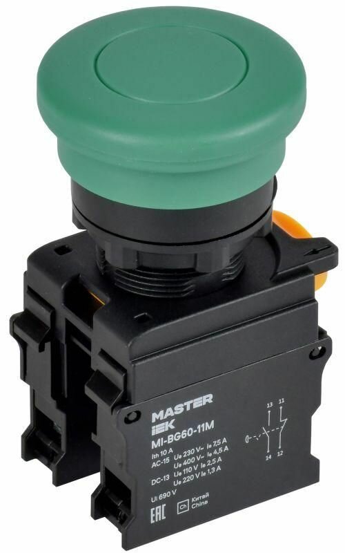 Кнопка «Грибок» d22мм 1НО+1НЗ MASTER с фиксацией зел. IEK MI-BG60-11M-3-21-K06