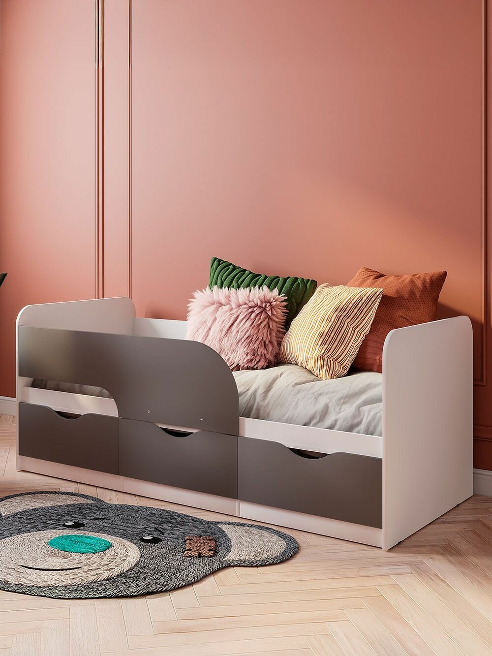 Детская кровать Комфорт 80х186 см, с ящиками, с бортиком, с основанием настил, Белый / Маренго