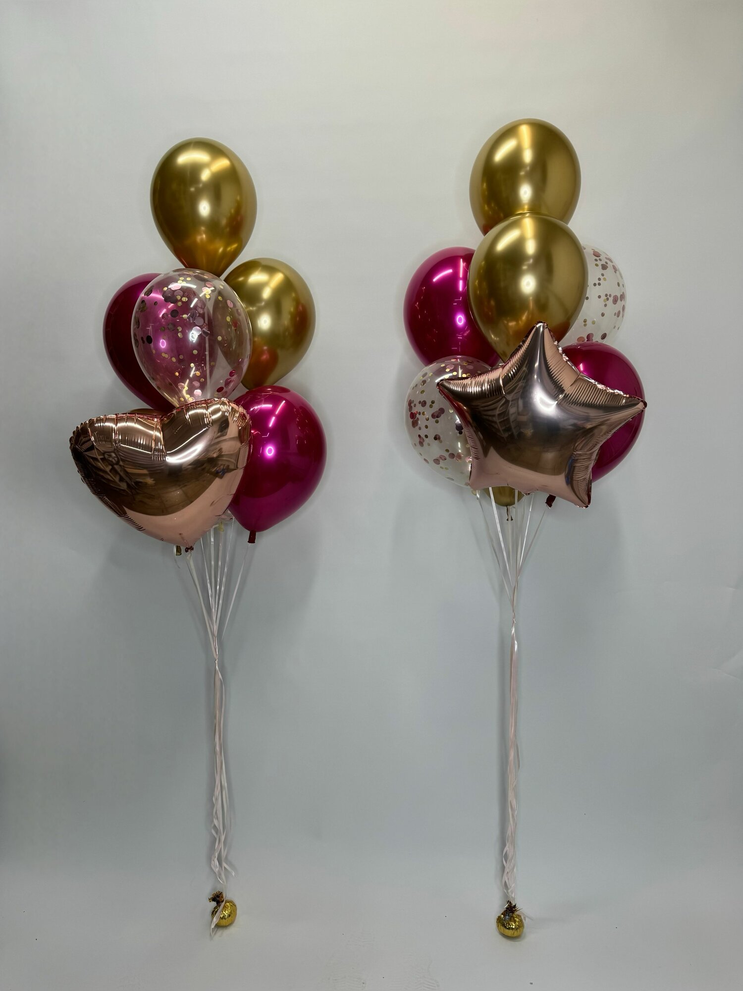 Фольгированные воздушные шары с гелием надутые в фонтан из латексных шаров "Гранатовое сердце", 14 шт