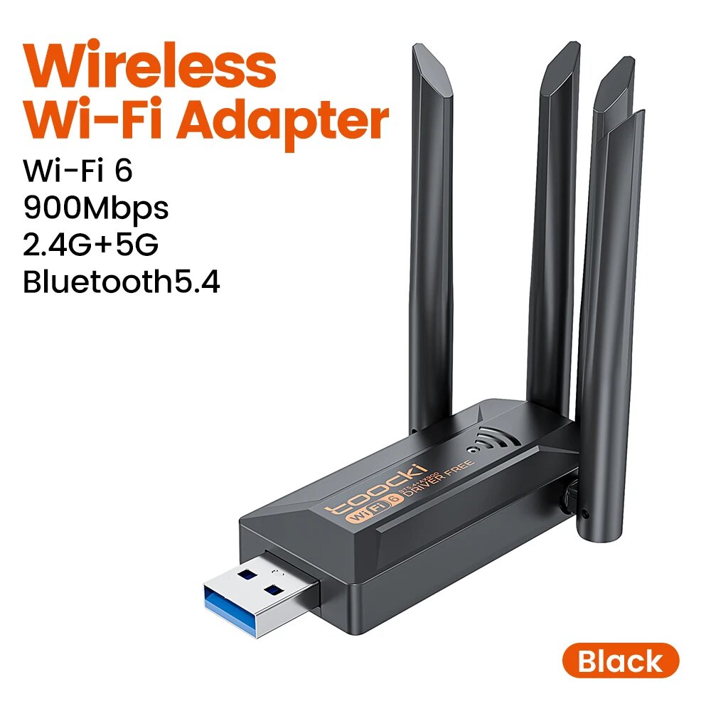 Toocki TB07 WiFi 6 адаптер 900Mbps 2.4G+5G Bluetooth 5.4, черный
