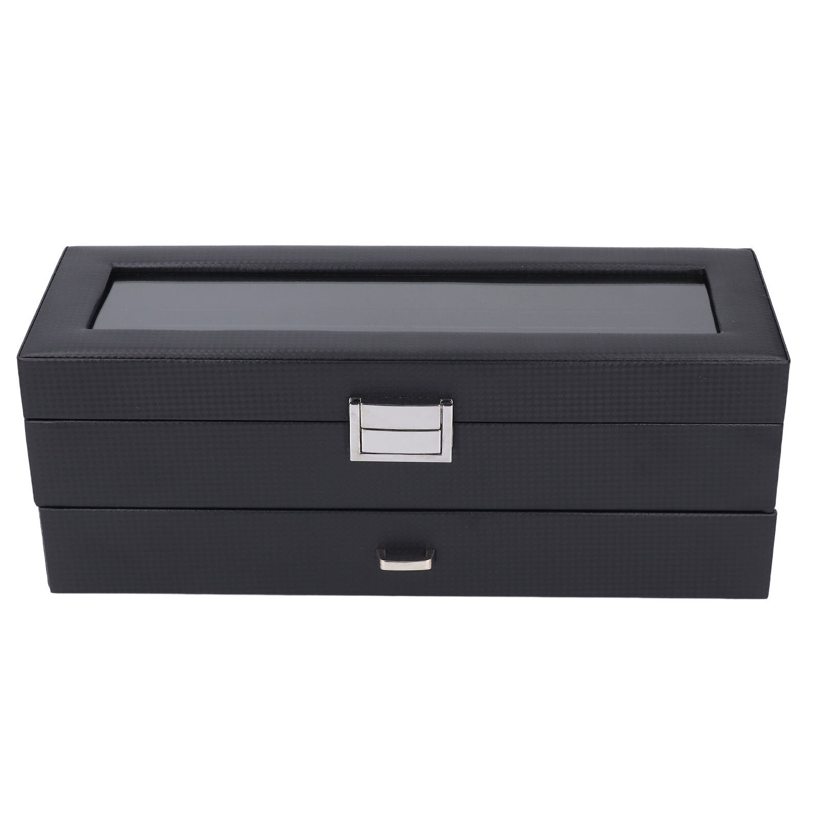 Черный органайзер для часов, 6 слотов, витрина для часов, 2 яруса, держатель для часов со стеклянной крышкой и ящиком