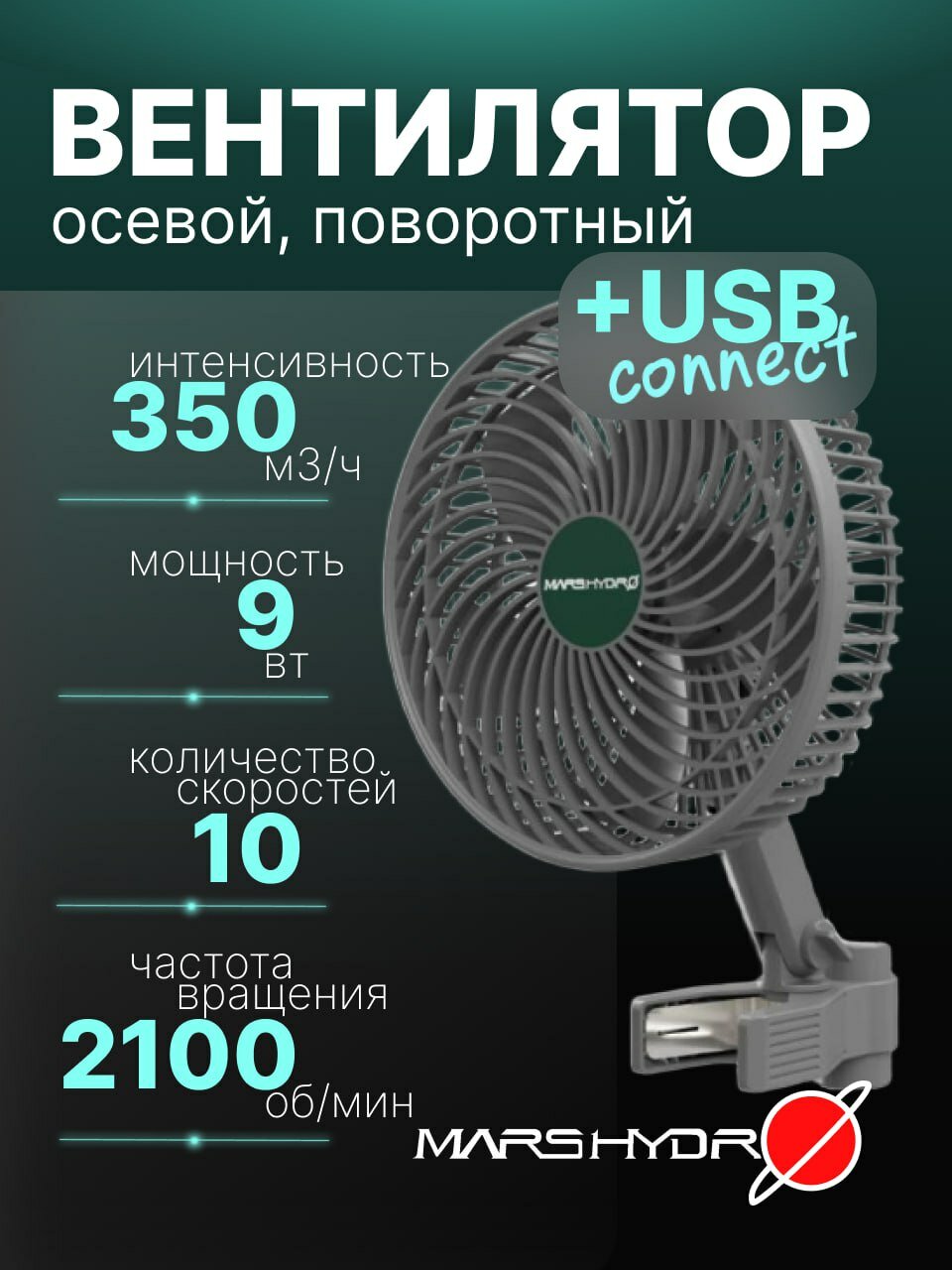 Малошумный осевой вентилятор Mars Hydro Clip Fan 350 куб. м.