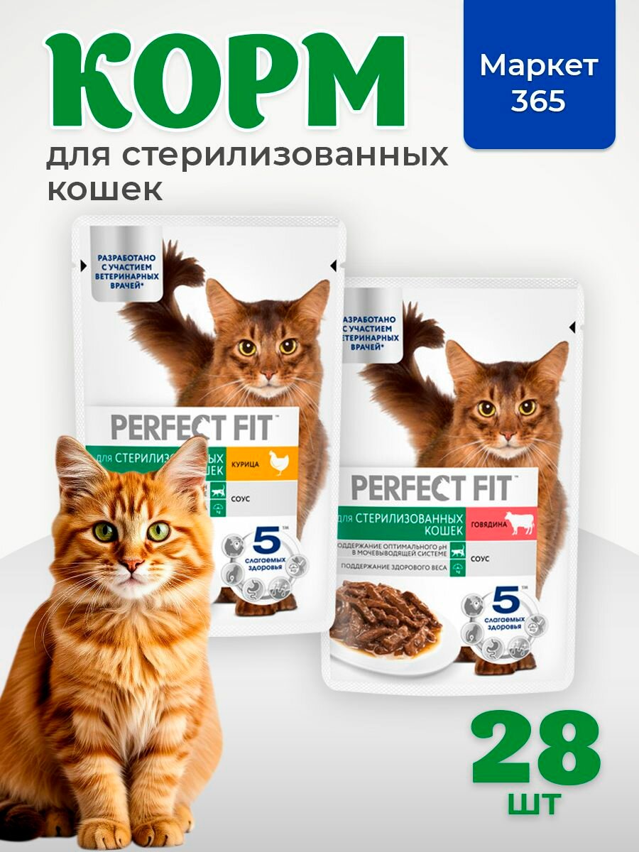 Влажный корм Perfect Fit. Набор для стерилизованных кошек в соусе: с говядиной, с курицей. 75 г х 28 шт